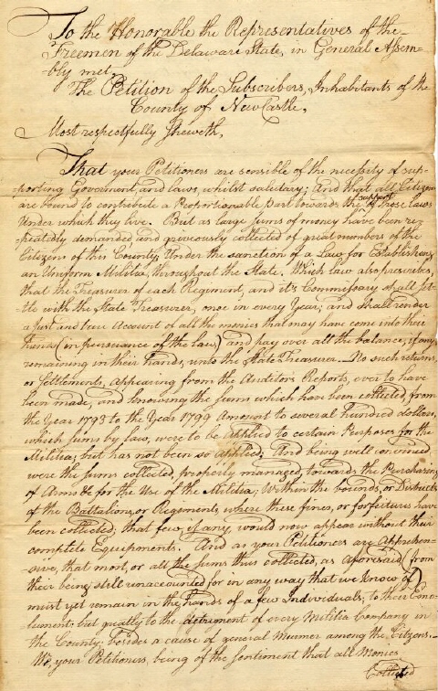 Petitions Militia fines, January 1801, page 1 - Delaware Public ...